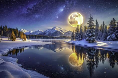 A Vast Winter Wonderland Panoramic Full Moon Night Over A Frozen Lake