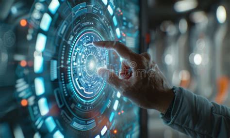 Person Interacting With Futuristic Circular Interface Screen Stock