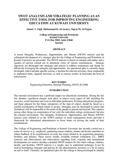 Pdf Swot Analysis And Strategic Planning As An Effective Tool For Improving Engineering