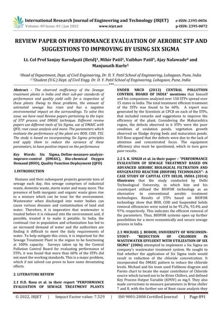 Review Paper On Performance Evaluation Of Aerobic Stp And Suggestions