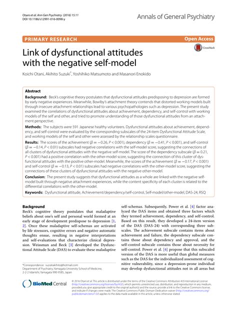 Pdf Link Of Dysfunctional Attitudes With The Negative Self Model