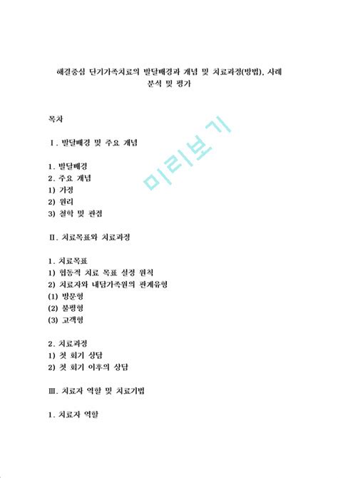 해결중심 단기가족치료의 발달배경과 개념 및 치료과정방법 사례 분석 및 평가인문사회레포트