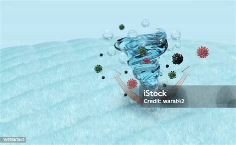 3d 광고 일러스트레이션은 세척 파우더로 청소하고 소용돌이 소용돌이 직물 섬유 표면에서 회전하는 물 액체 세제 3d 렌더링 파란색 배경에 격리된 세척을 보여줍니다 때묻은에