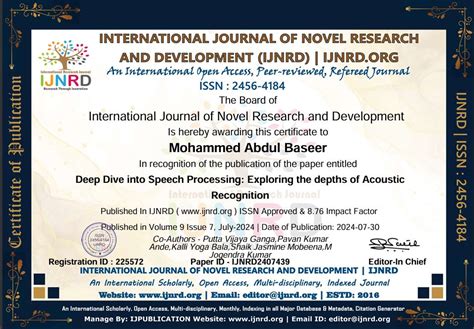 Mohammed Abdul Baseer On Linkedin Research Ijnrd Speechprocessing Acousticrecognition