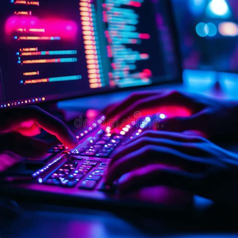 Programmer Typing Code On Illuminated Keyboard At Night Stock Illustration Illustration Of