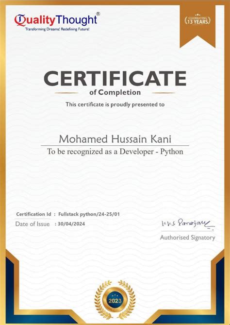 Mohamed Hussain Kani On Linkedin Python Programming Qualitythought Certification