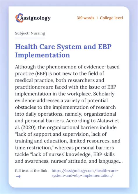 Health Care System And Ebp Implementation Healthcare Essay Example Health Care System And Ebp Implementation Healthcare Essay Example
