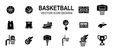 농구 스포츠 관련 벡터 아이콘 사용자 인터페이스 그래픽 디자인 바구니 공 필드 바닥 법원 유니폼 바지 스니커 신발 점수 보드 핑거링 트로피 골과 같은 아이콘이 포함되어