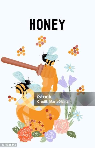 꿀 항아리와 꿀벌 플랫 벡터 일러스트가 분리 된 카드 또는 라벨 디자인 0명에 대한 스톡 벡터 아트 및 기타 이미지 0명 건강한 식생활 곤충 Istock