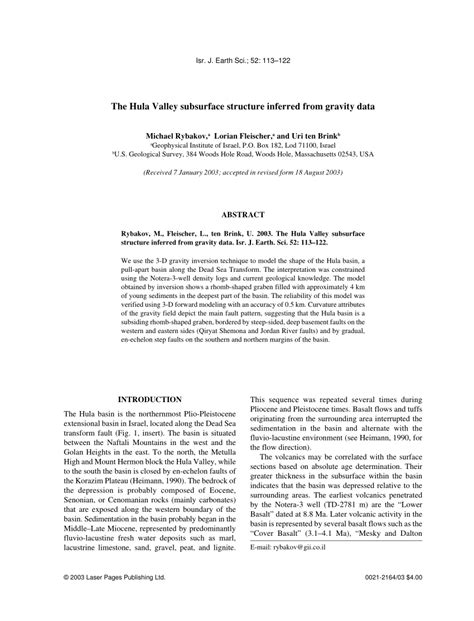 Pdf The Hula Valley Subsurface Structure Inferred From Gravity Data