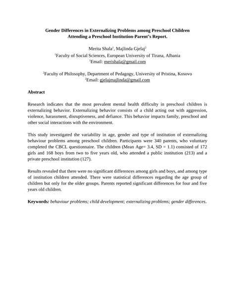 Pdf Gender Differences In Externalizing Problems Among Preschool