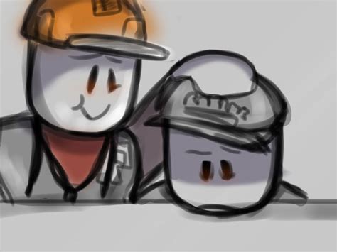 A Drawing Of Two People Wearing Hardhats One Is Smiling And The Other Is Looking At Something