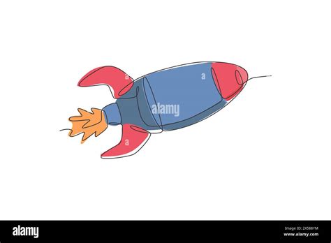 One Continuous Line Drawing Of Simple Retro Spacecraft Flying Up To The Outer Space Nebula