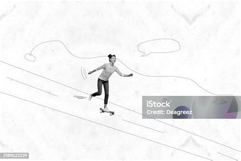 행복 한 소녀 타기 스케이트 보드 도로 취미 레저 여름 활동 스케이트 공원의 합성 사진 콜라주는 페인트 배경에 고립되어 있습니다