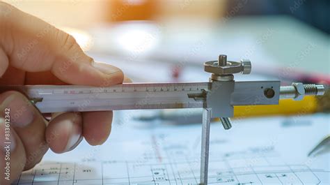 Measurement Caliper Of The Diameter Of The Pin Camshaft Close Up Four Valve Per Cyli Stock