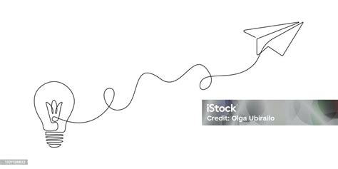 하나의 연속 선 도면에 전구와 연결된 지공 종이 비행기 윤곽 스타일 비행기 편집 가능한 스트로크로 비즈니스 아이디어 개념을 시작합니다 벡터 일러스트레이션 라인아트에 대한