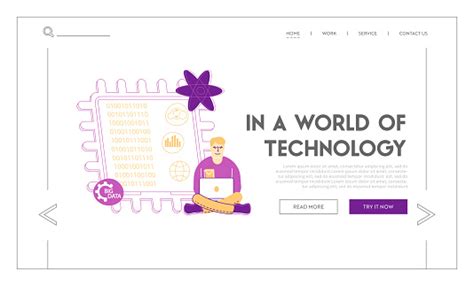 양자 컴퓨팅 또는 슈퍼 컴퓨팅 엔지니어링 방문 페이지 템플릿 컴퓨터 엔지니어 남성 캐릭터는 바이너리 코드와 Ai 기술과 거대한 마이크로 칩에서 노트북에서 작동합니다 선형