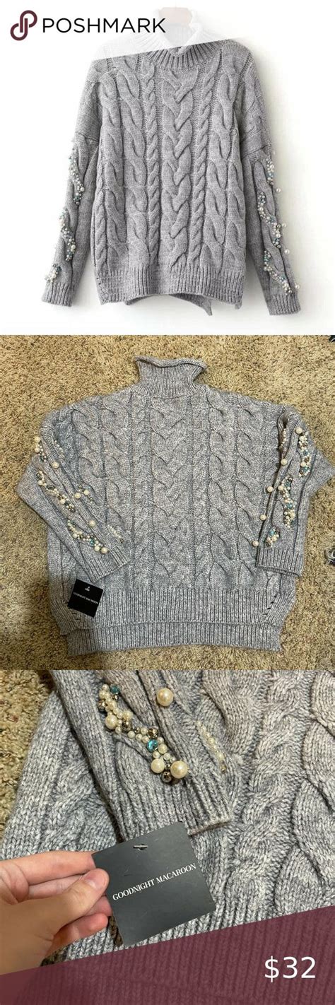 Goodnight Macaroon Sabrina Cable Knit Pearl Embellished Turtleneck