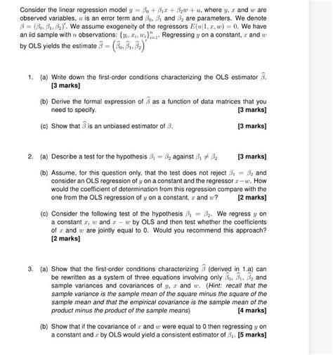 Solved Consider The Linear Regression Model Yβ0β1xβ2wu