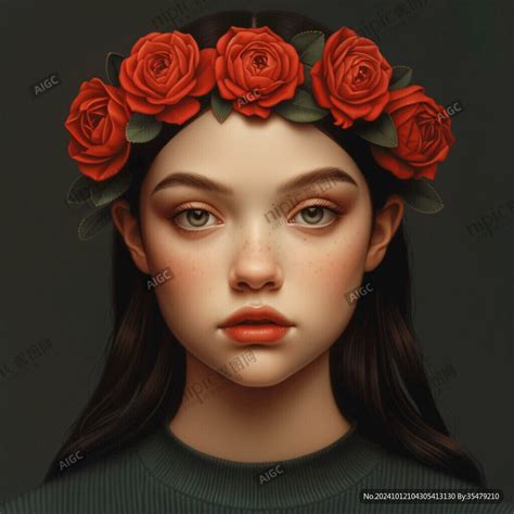 ai创作图写实少女 数字肖像插画 少女海报插画 写实美女 少女头像插画 玫瑰花少女 插画半身像 写实人物 写实插画 人物头像美女插画 卡通写实