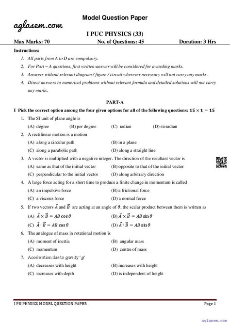 Karnataka 1st Puc Physics Model Paper 2025 Pdf Download Here