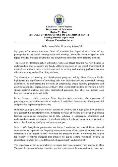 C Molina Reflection On School Learning Action Cell Republic Of The