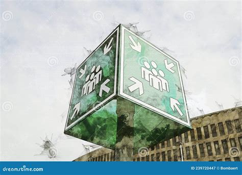 Sketch Of A Meeting Or Assembly Point Sign On Blue Sky Stock