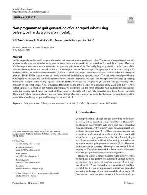 pdf non‑programmed gait generation of quadruped robot using pulse‑type hardware neuron models