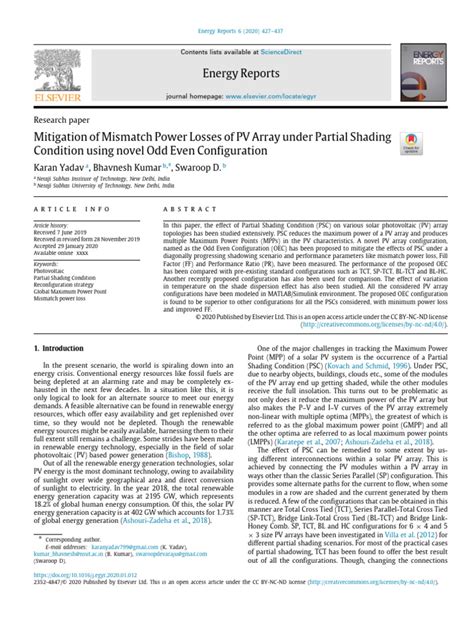 Mitigation Of Mismatch Power Losses Of Pv Array Under Partial Shading Condition Using Novel Odd