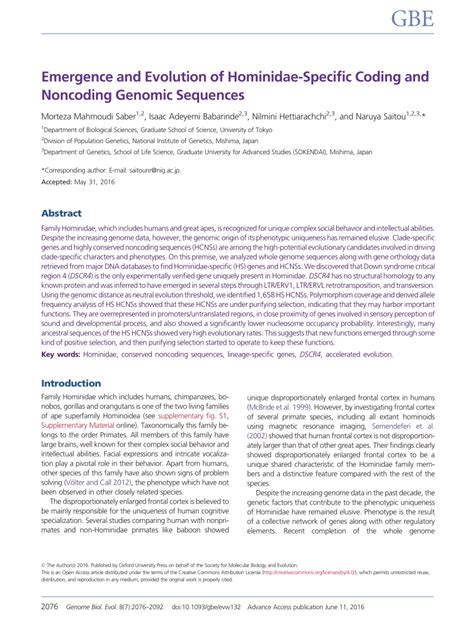 Pdf Emergence And Evolution Of Hominidae Specific Coding And Noncoding Genomic Sequences