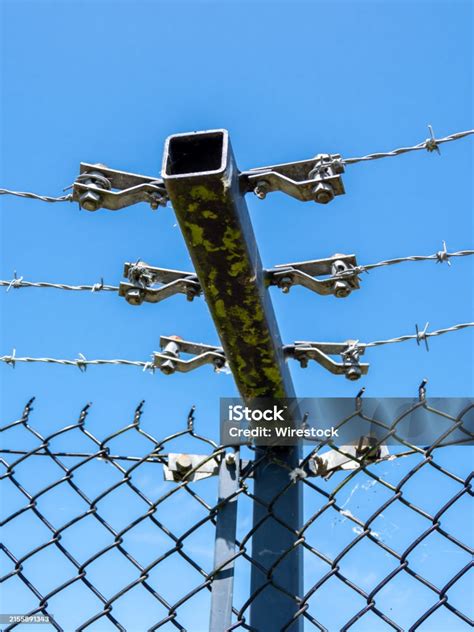 체인 링크 보안 울타리 철조망 커넥터와 금속 포스트 푸른 하늘의 근접 촬영 0명에 대한 스톡 사진 및 기타 이미지 0명 경계 고리 사슬 Istock