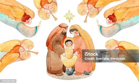 성탄절 수채화 그림 신생아 예수 그리스도 축복받은 성구 마리아 요셉 천사들 크리스마스에 대한 스톡 벡터 아트 및 기타 이미지 크리스마스 수채화 성탄화 Istock