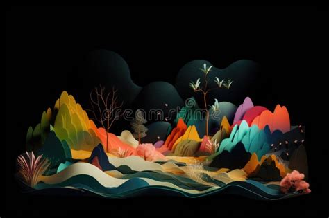 Abstract And Surreal Landscape With Floating Shapes And Colors Against Black Background Stock