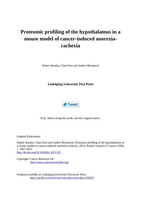 Pdf Proteomic Profiling Of The Hypothalamus In A Mouse Model Of Liu