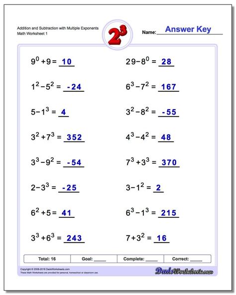 Adding And Subtracting Exponents Worksheets