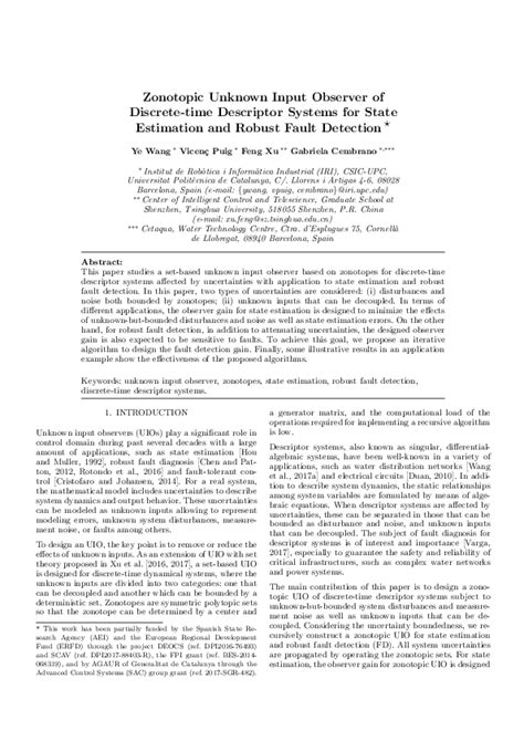 Pdf Zonotopic Unknown Input Observer Of Discrete Time Descriptor