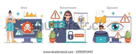 Cybersecurity Set Protecting Data Threats Users Stock Vector Royalty Free 2390593493