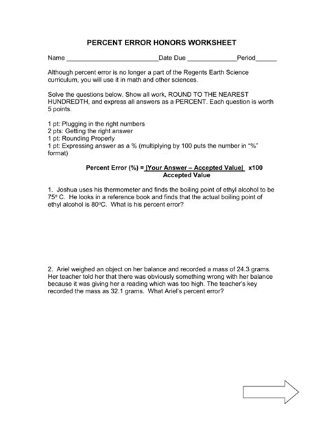 percent error worksheet practice problems and calculations