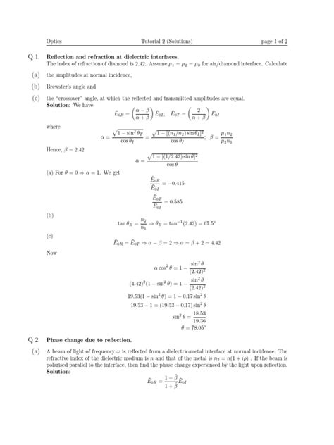 Optics Tutorial 2 Solutions Pdf Reflection Physics Electromagnetism