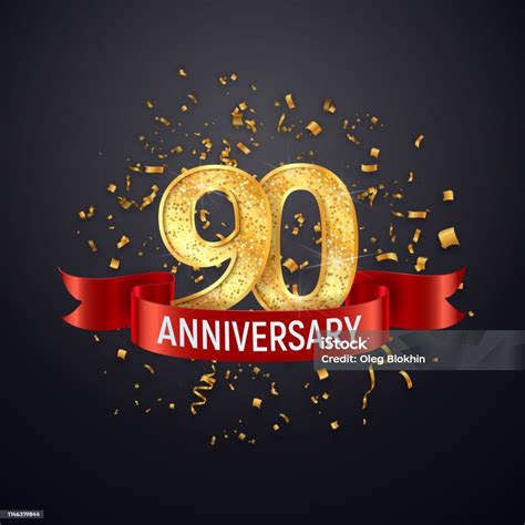 어두운 배경에 90 년 기념일 템플릿 90 빨간색 리본 벡터와 색종이 고립 된 디자인 요소와 황금 숫자를 축 하 90에 대한