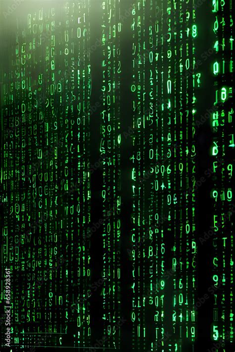 abstract green glowing floating binary code data stream lines in