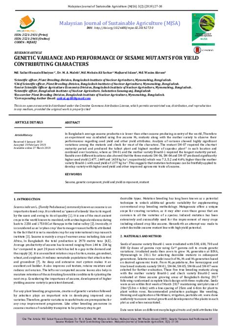 Pdf Genetic Variance And Performance Of Sesame Mutants For Yield Contributing Characters
