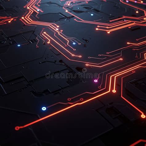 A Futuristic Circuit Board With Glowing Neon Red Lines Simulating Electronic Pathways Stock