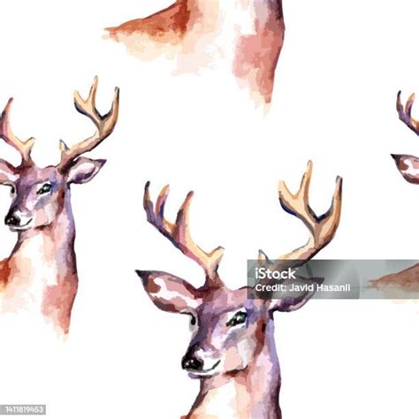 수채화 사슴 이음새가 없는 질감 패턴 손으로 그린 자연스러운 반복 배경 고립 된 벡터 일러스트 레이 션 어린이와 벽지 배경 방 갈색에 대한 스톡 벡터 아트 및 기타 이미지