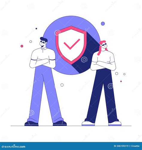 Male And Female Characters Standing With Shield And Checkmark In Flat Vector Illustration