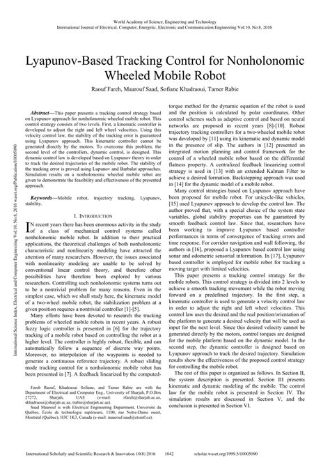 Pdf Lyapunov Based Tracking Control For Nonholonomic Wheeled Mobile Robot