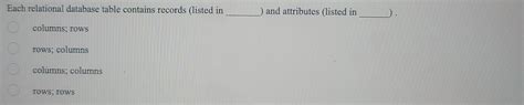 solved each relational database table contains records