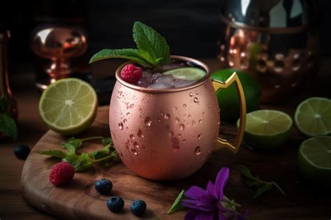 Premium Photo A Copper Cocktail With A Raspberry And Lime Garnish