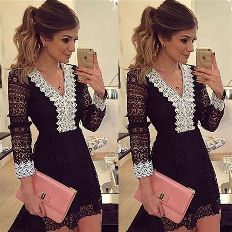 Hollow Out Long Sleeves Lace Little Black Party Dress Xxl Black