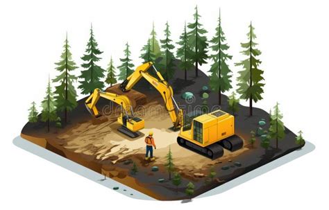 Land Development Concept Backhoe Clearing In Forest Isometric And Enginneer Working With Worker